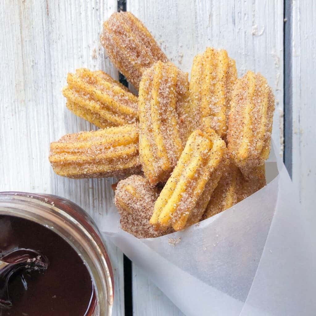 BAKED Mini Churro Bites w/ Quick Chocolate Sauce - Aleka's Get-Together