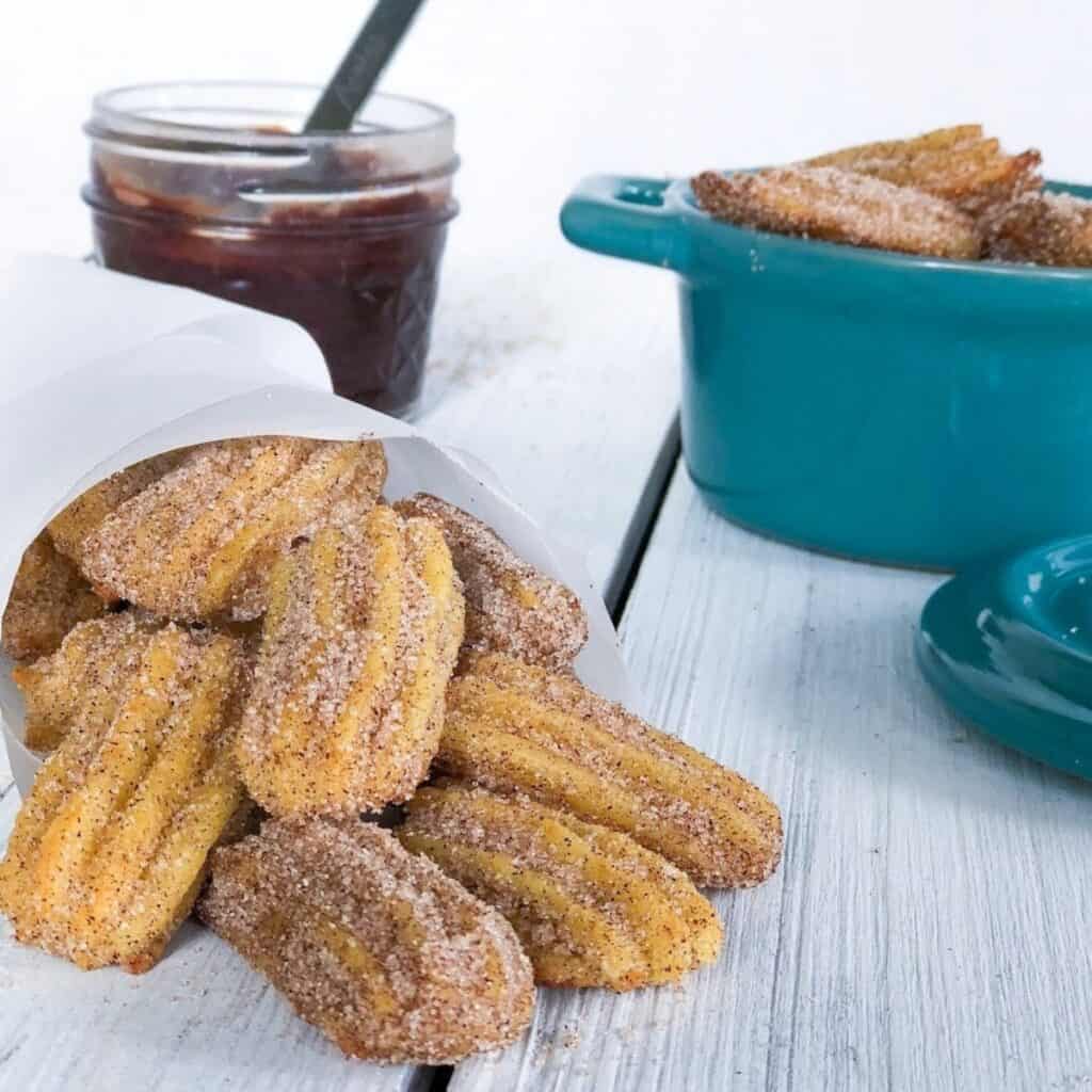 BAKED Mini Churro Bites w/ Quick Chocolate Sauce - Aleka's Get-Together